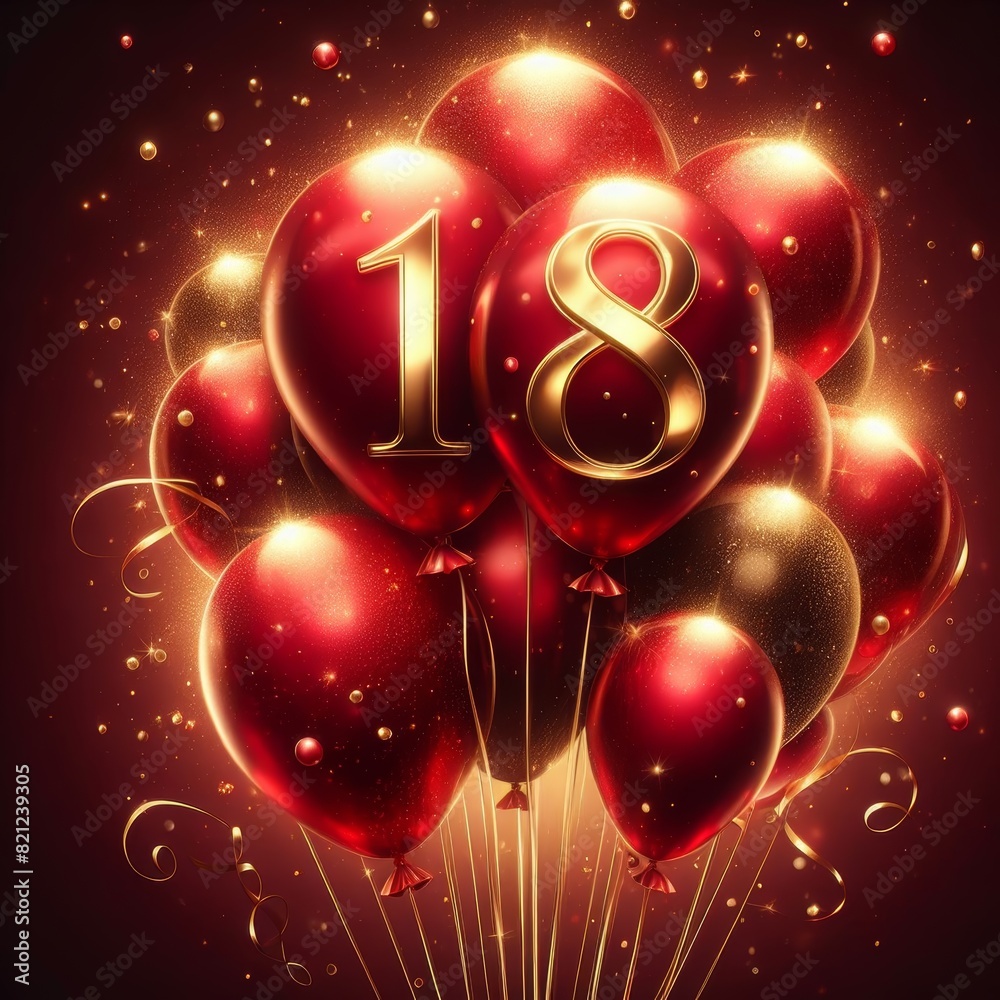 Red and gold balloons with number 18 for milestone birthday on ...