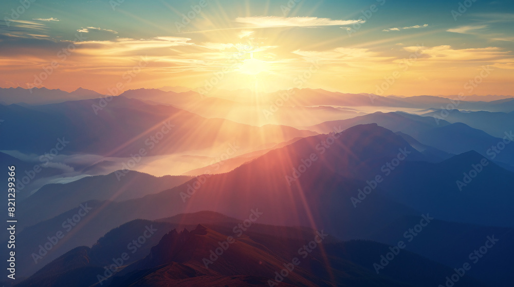 Sunrise over a mountain range. The breathtaking view of the sun rising ...