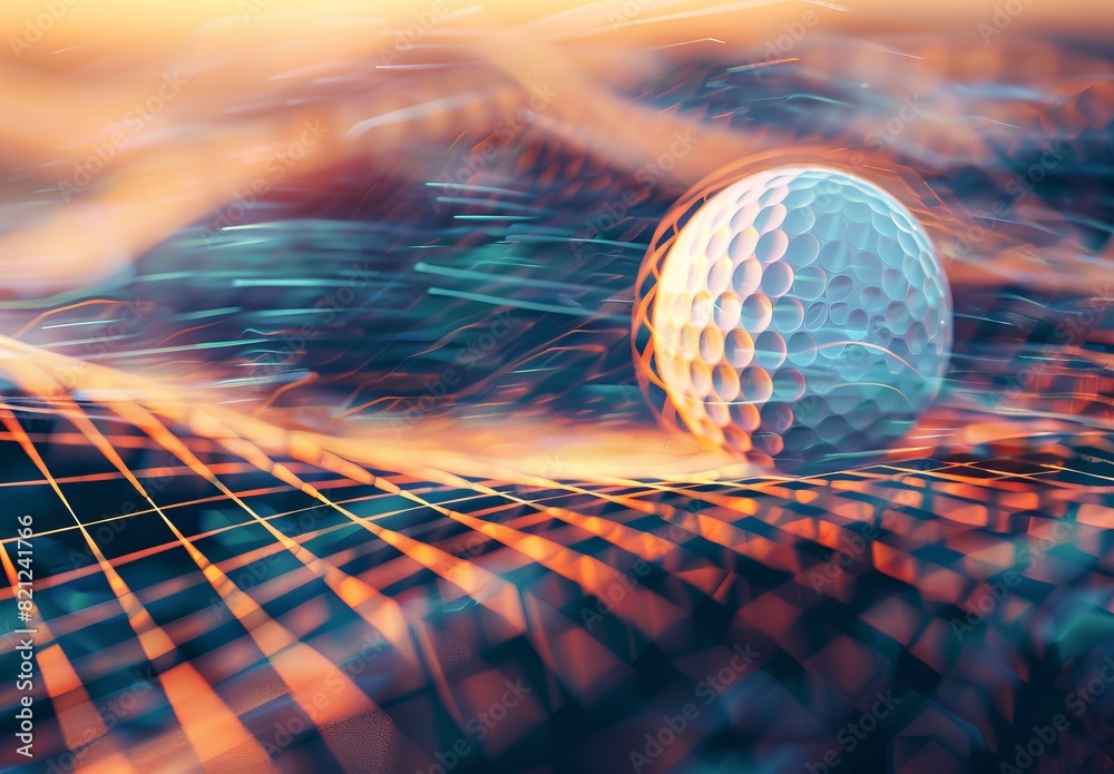 A modern digital art piece featuring a 3D golf ball with a wireframe ...