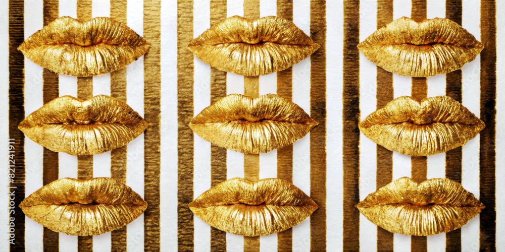 Nine gold lips are set against an alternating background of vertical ...