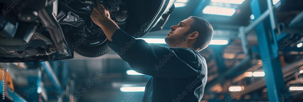 An automotive mechanic engaging in maintenance work under a vehicle in ...