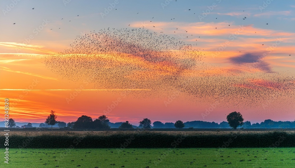 starling murmurations a large flock of starlings fly at sunset in the ...