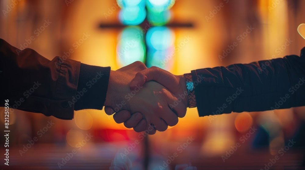 Two people of different races shaking hands in front of the stained ...
