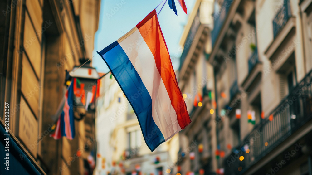 French flag hanging from a building during a Bastille Day celebration ...