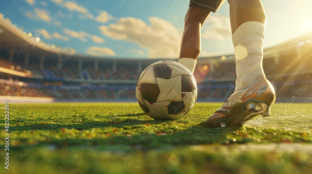 Epic feet of soccer player step on soccer ball for kick off in sunny ...