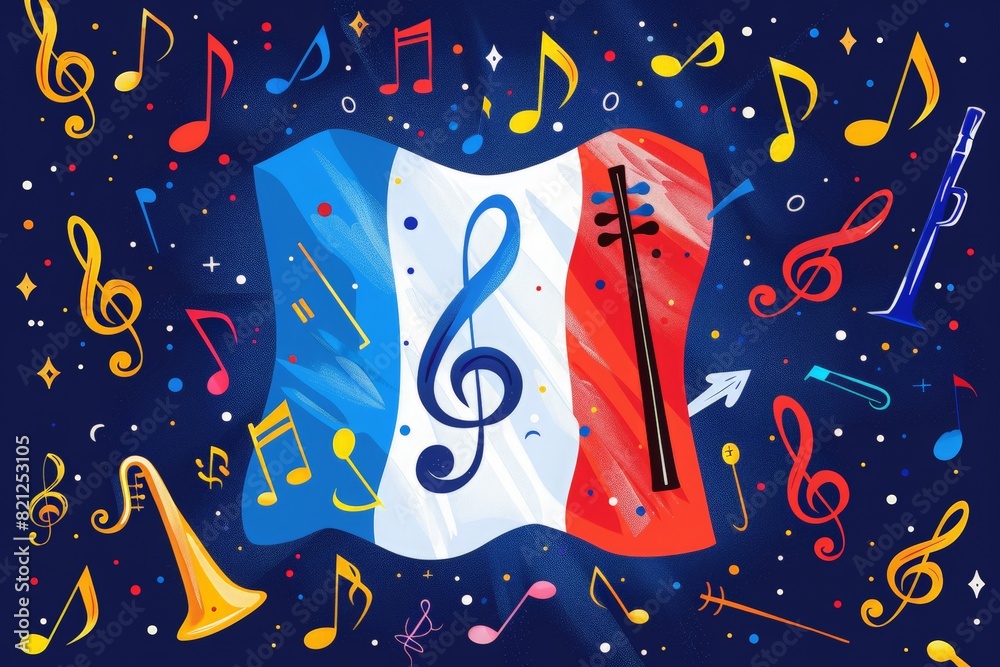 French flag with colorful musical notes and musical instruments ...
