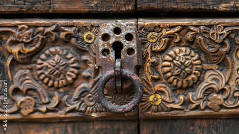 An ancient wooden chest lock with intricate carvings, hinting at hidden ...