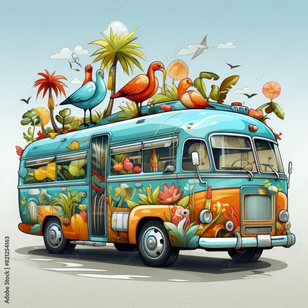 cartoon travel, complete image, beach, water, clouds, sun, palm, birds ...