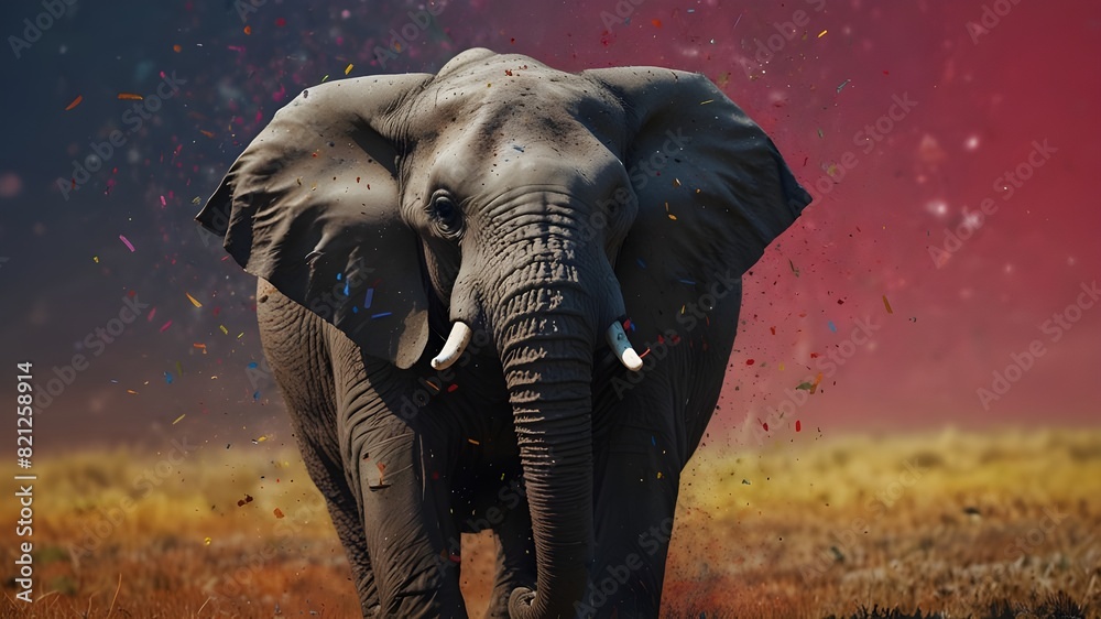 Pop art with bold colors of An elephant celebrating a victory with ...