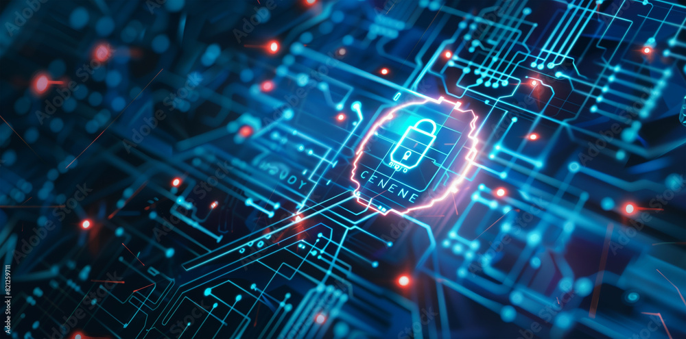 Cybersecurity network interface showing a digital fortress with ...