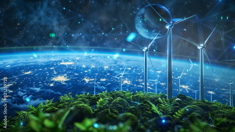 A digital rendering of Earth with green energy symbols like wind ...