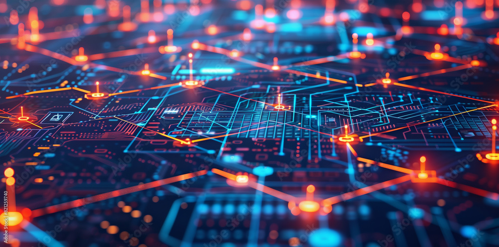 Cybersecurity network interface showing a digital fortress with ...