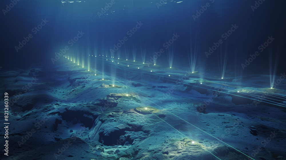 Underwater communication network visualized with light beams connecting ...