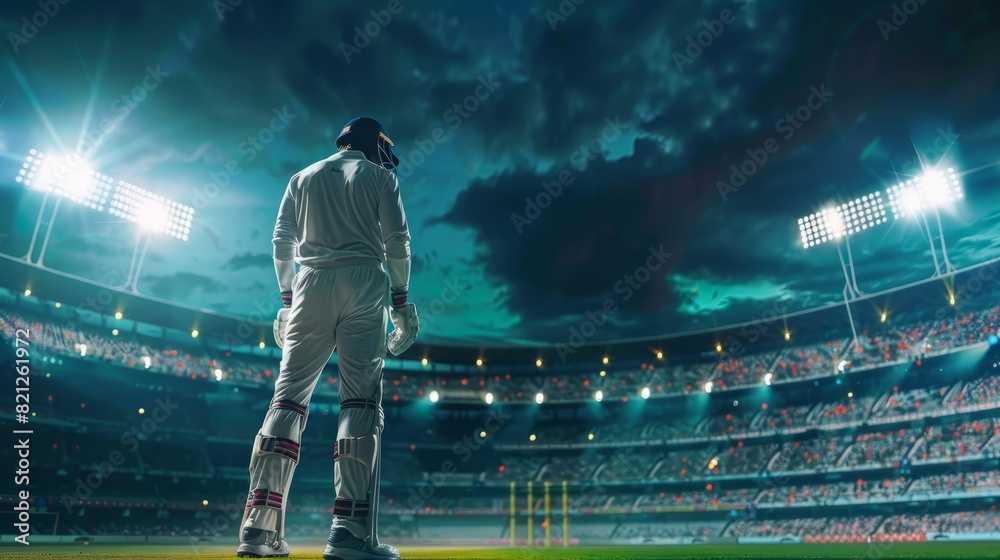 Cricket player standing ready in the middle of cricket arena stadium ...