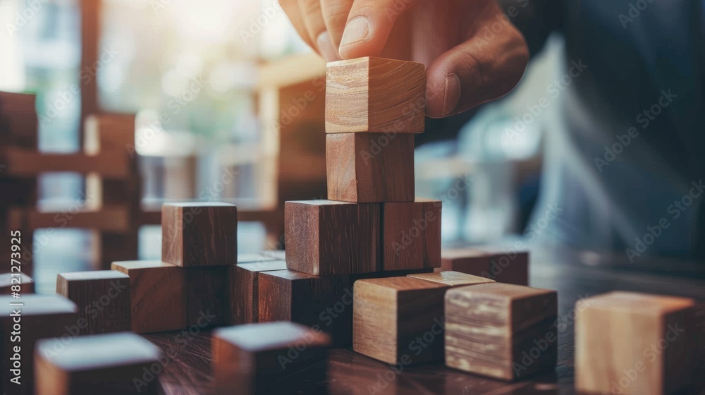 The image shows a person building a tower out of wooden blocks. The ...