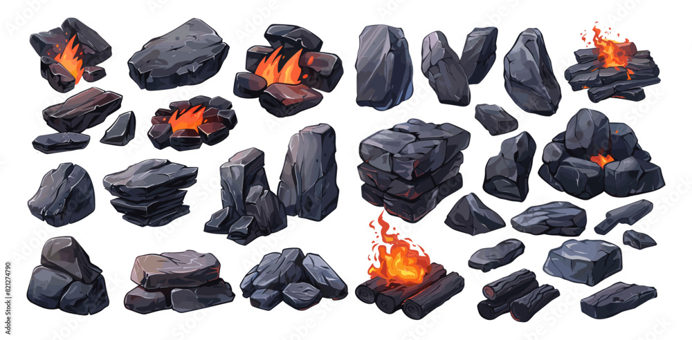 Barbecue charcoal cartoon vector set. Wood burning smoldering fire heap ...