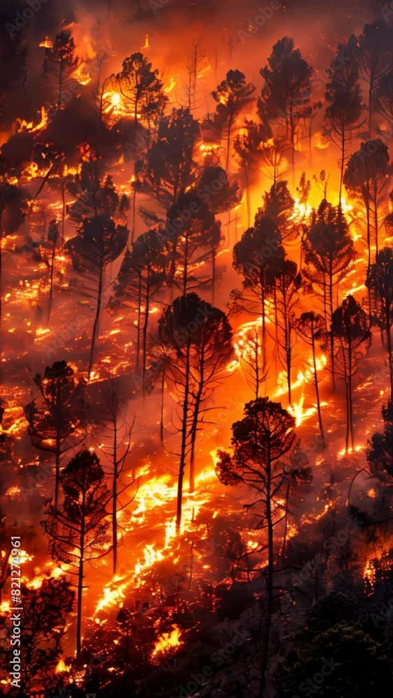 A forest fire is raging through a wooded area, with trees and brush ...