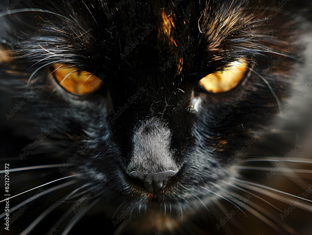 Intense Close-Up of Black Cat' Face with Striking Golden-Yellow Eyes ...