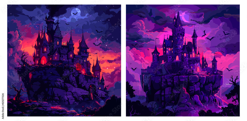 Creepy castle cartoon style vector set. Gothic fortress ghosts palace ...