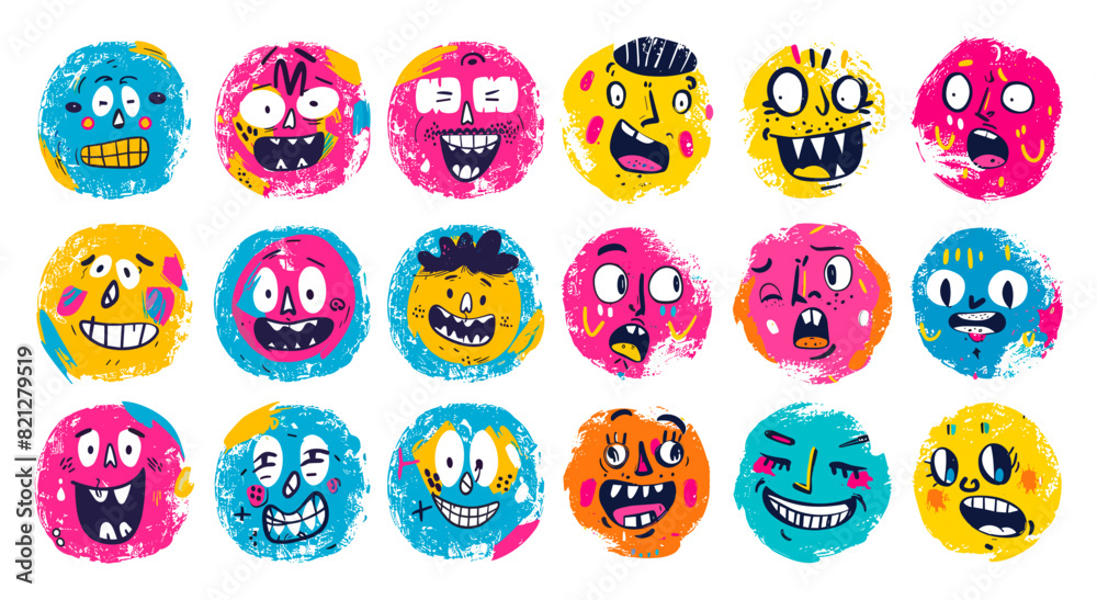 Funny faces emotions cartoon vector set. Round face emoticons laughter ...