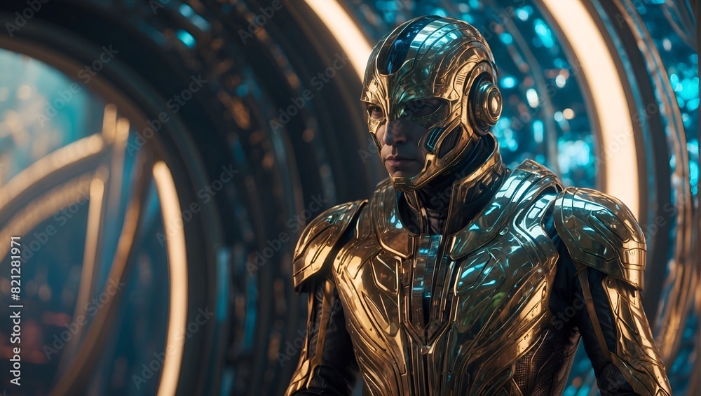 A sleek and sophisticated time traveler, shimmering in a multitude of ...