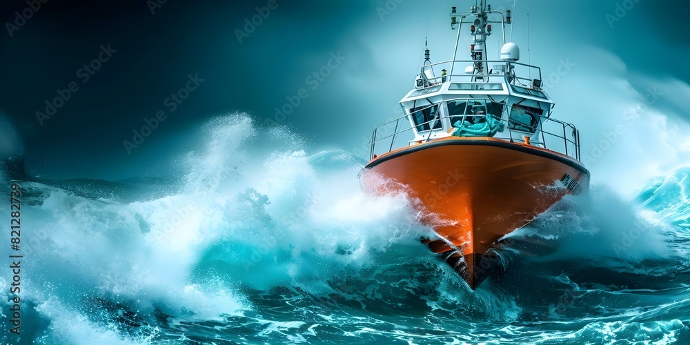 Orange rescue boat in stormy blue ocean during sea rescue operation ...