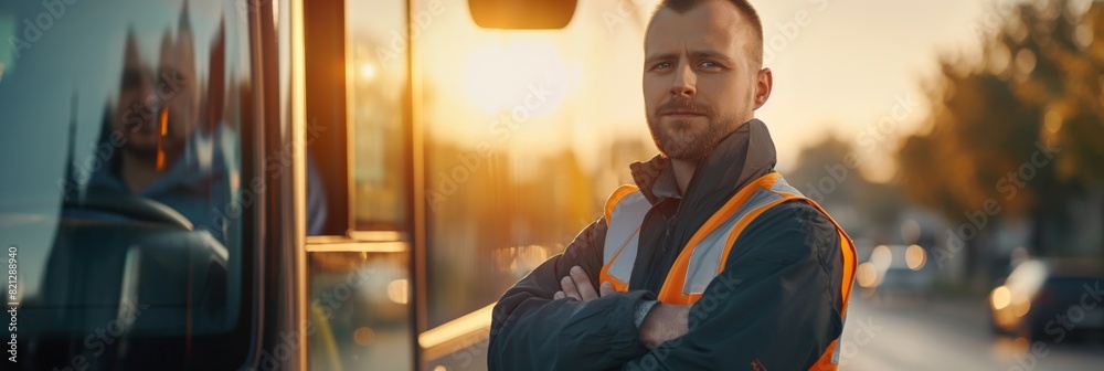 Confident male garbage collector poses near a waste collection vehicle ...