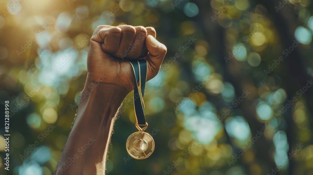 Athlete men hand raising celebrate winning with gold medal in his hand ...