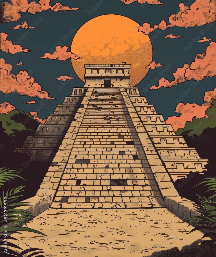 Chichen itza, art deco poster, black outlines, cel shaded, generated ...