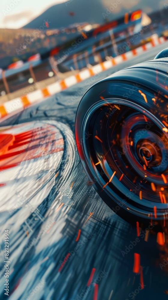 Closeup of a spinning wheel on a race car that is driving through a ...