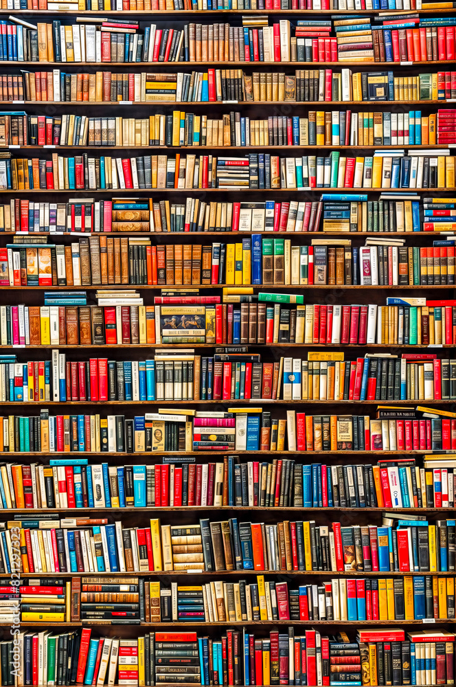 Large amount of books are stacked on bookshelf in library. Stock Photo ...