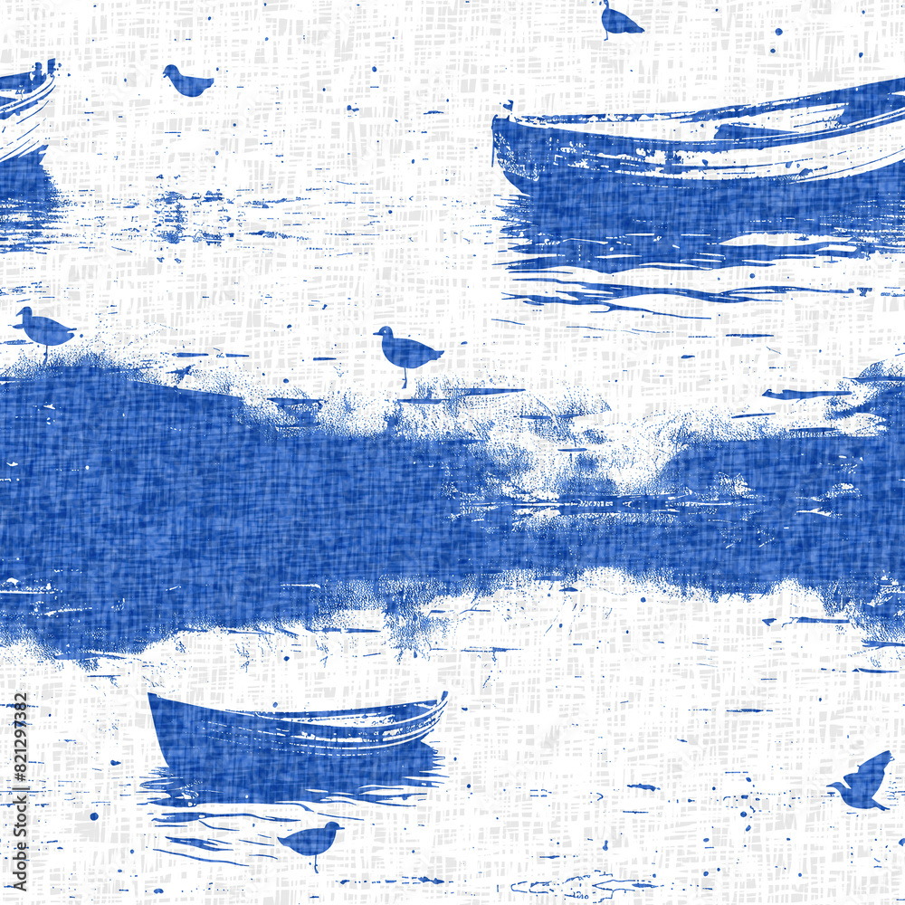 Coastal sail boat in azure ocean blue seamless background. Modern ...