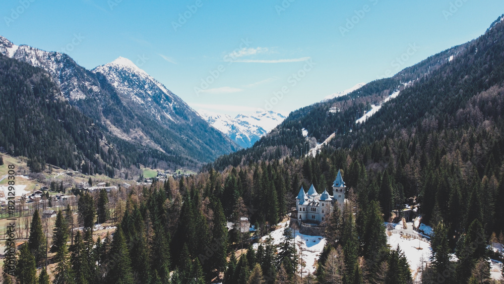 Aerial view of Savoy Castle situated in Gressoney-Saint-Jean, Italy. It ...