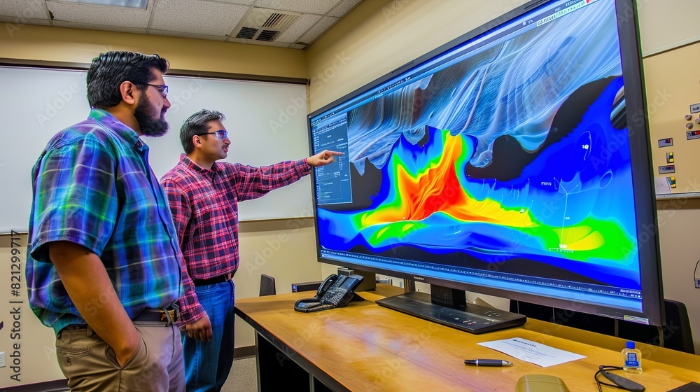 Scientists stand in front of an interactive display with a presentation ...