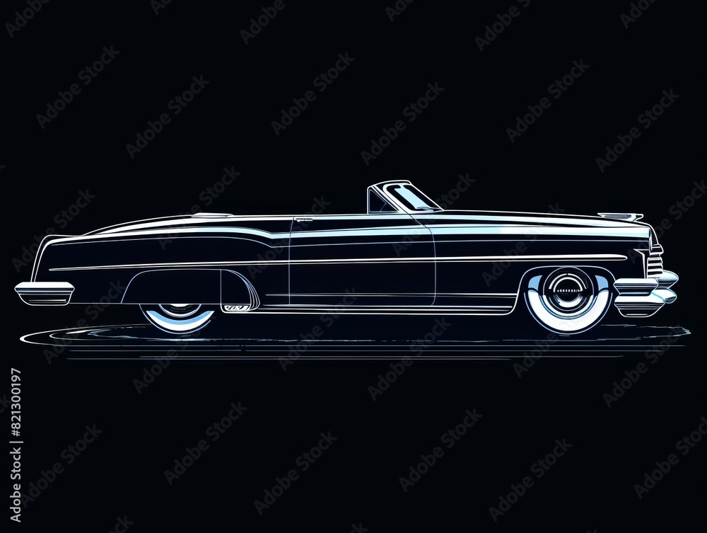 Minimalist line drawing of retro futuristic lowrider convertible, side ...