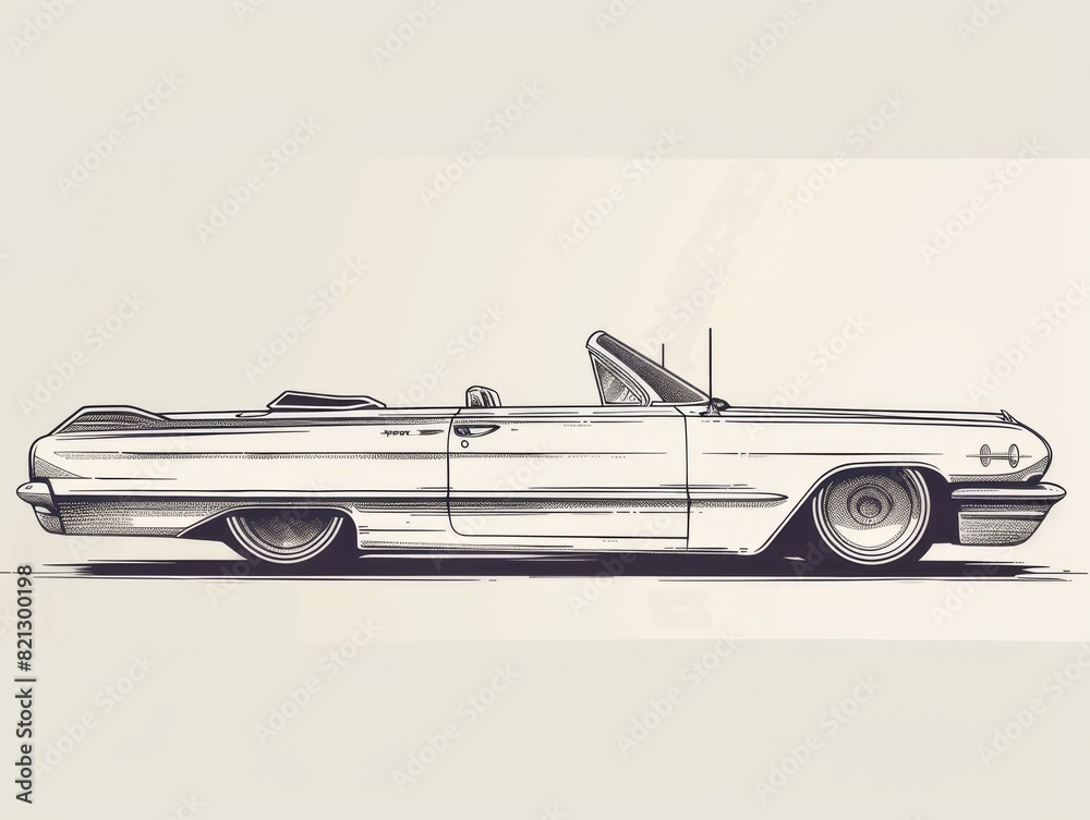 Minimalist line drawing of retro futuristic lowrider convertible, side ...