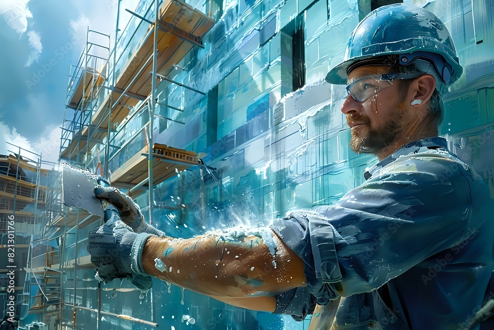 Brick Mason using construction tools in building environment Stock ...