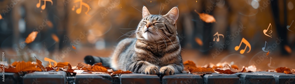 Cat chilling with music notes floating around park bench top view ...