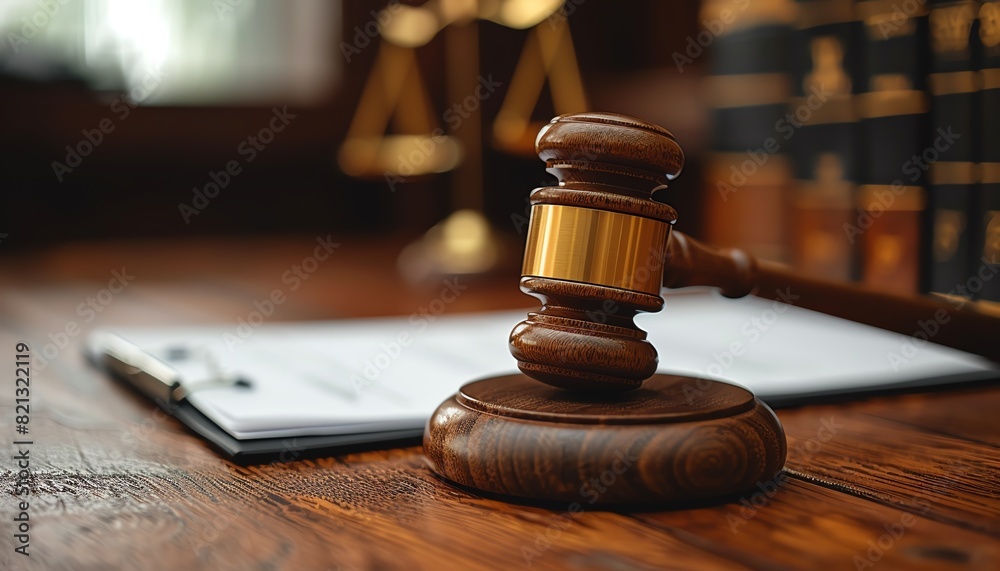 Judges gavel next to legal documents courtroom desk side view ...