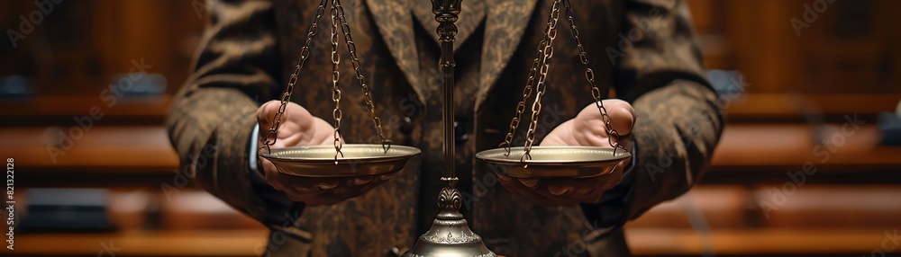 Lawyer holding a balanced scale courtroom top view conveying justice ...