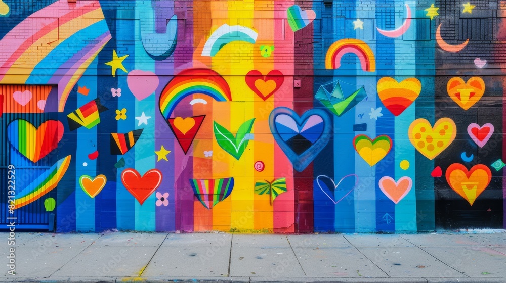 Artistic representation of LGBTQ+ symbols and icons in a colorful mural ...