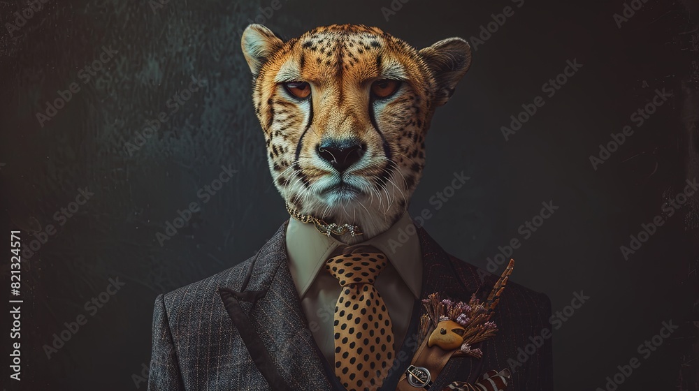 Cheetah wearing suit and polka dot tie. Anthropomorphic animal portrait ...
