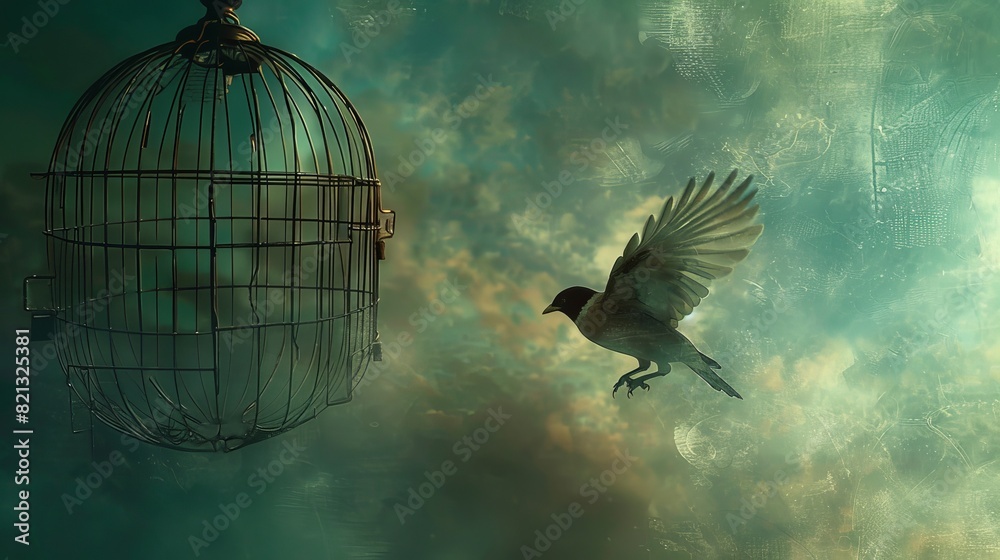 Bird flying out of an open cage for freedom and hope themed designs ...