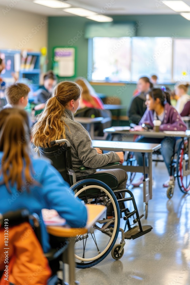 An inclusive classroom scene where a student in a wheelchair is ...