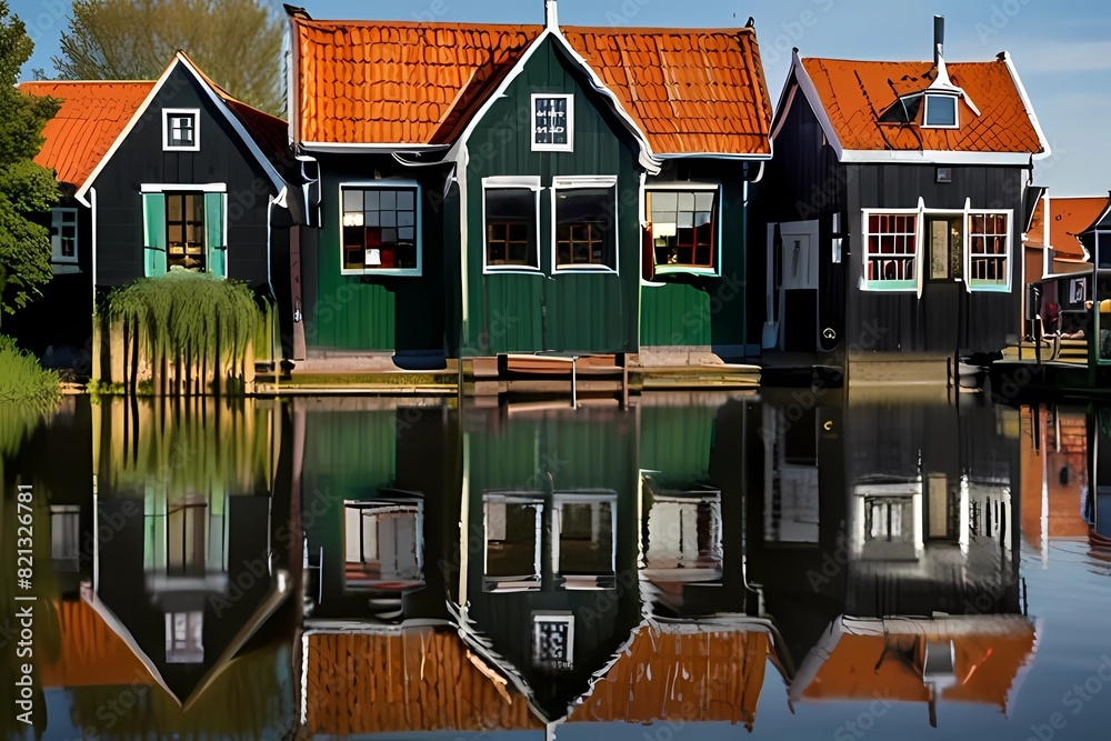 Beautiful typical Dutch wooden houses architecture mirrored on ...