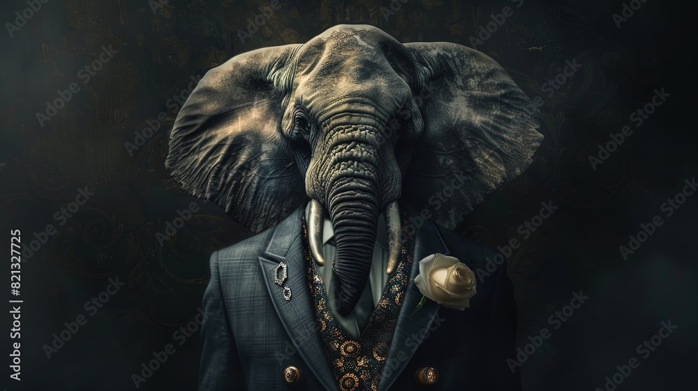 Elephant wearing suit with embroidered details and floral tie ...