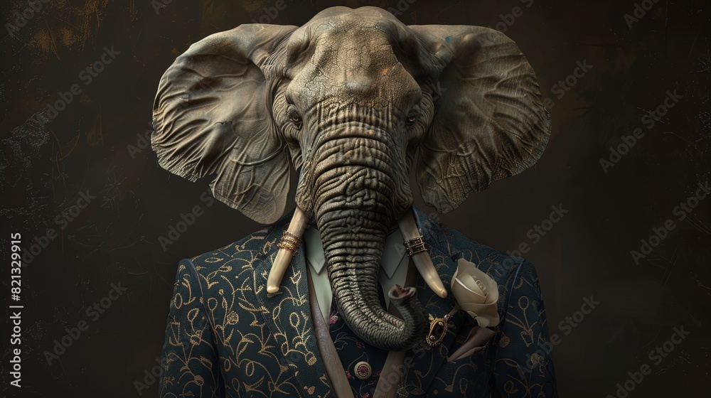 Elephant wearing suit with embroidered details and floral tie ...