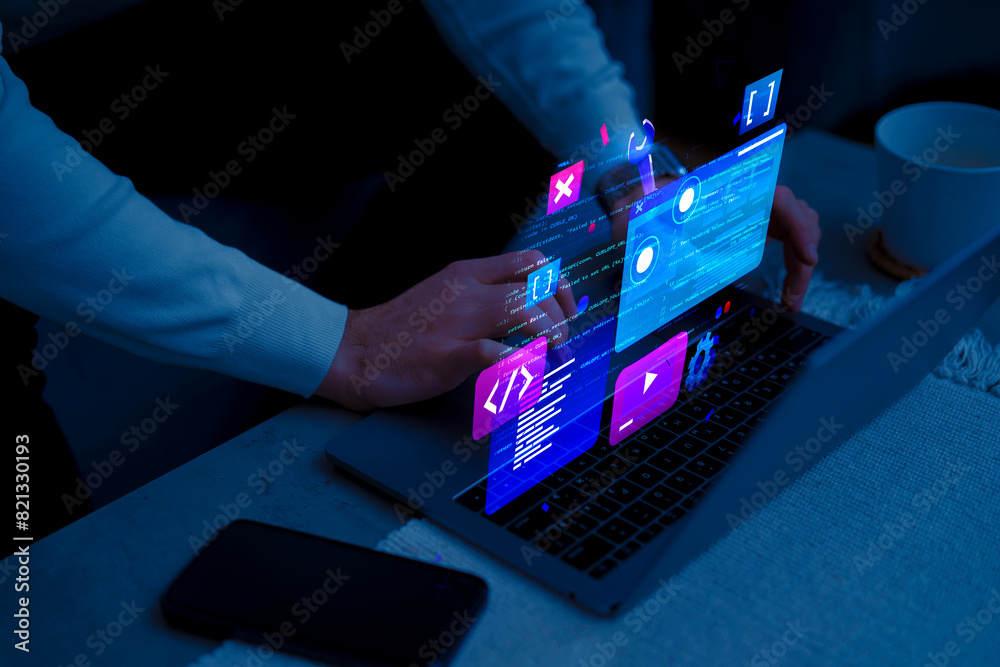 Programmer developer typing script source languages coding symbols icon development project data ...