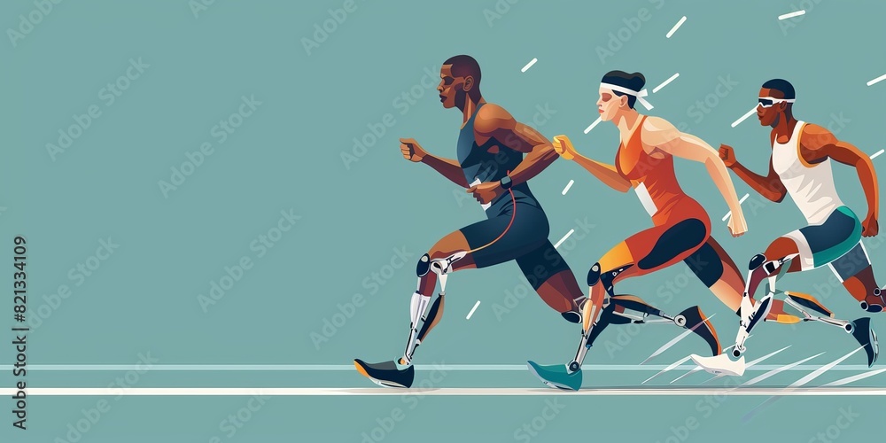 Three runners are running on a track, one of them is wearing a ...