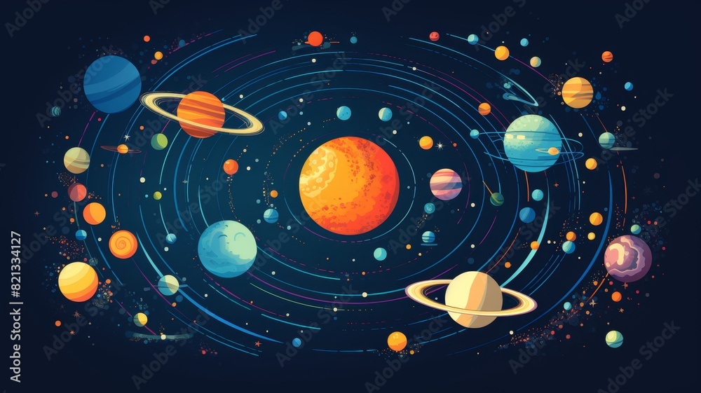 Colorful illustration of the solar system with planets orbiting around ...